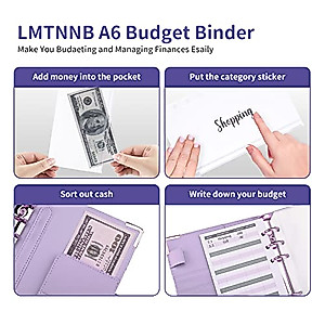Budget Binder, A6 Marble PU Leather Binder, 6 Ring Budget Planner Organizer with 8 Zipper Cash Envelopes, 12 Expense Budget Sheets, 2 Letter Label Sticker for Budgeting, Saving Money (Purple)