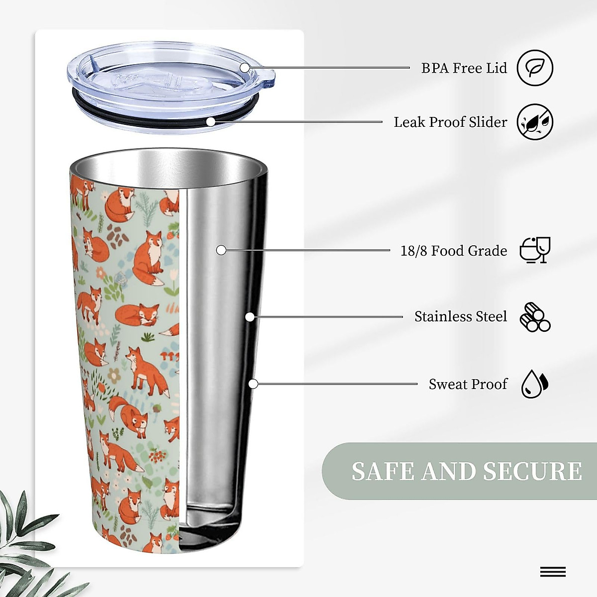 CHASOEA Fox Tumbler 20oz Cute Foxes Stainless Steel Insulated Tumblers with Lid and Straw Animal Travel Coffee Mug Tea Wine Cups Water Bottle Fox Gifts for Women