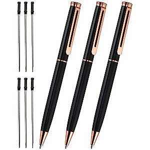 Cambond Black Pens, Ballpoint Pen Bulk Black Ink 1.0 mm Medium Point Smooth Writing Black and Rose Gold Pens for Men Women Police Uniform Office Business, 3 Pens with 6 Refills (Black)
