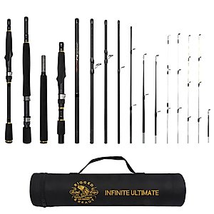 Rigged and Ready Infinite Ultimate 25-in-1 Spin-Baitcast-Fly Travel Fishing Rod. 25+ Combinations. Compact Spin-Cast-Fly Fish Pole Packrod