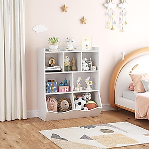 SUNNYFURN Kids 3-Tier Toy Storage Organizer Bookshelf White- 7 Compartment Bookshelf & Toy Shelf for Kids' Room, Bedroom, Living Room, and Kindergarten - for Toys and Books