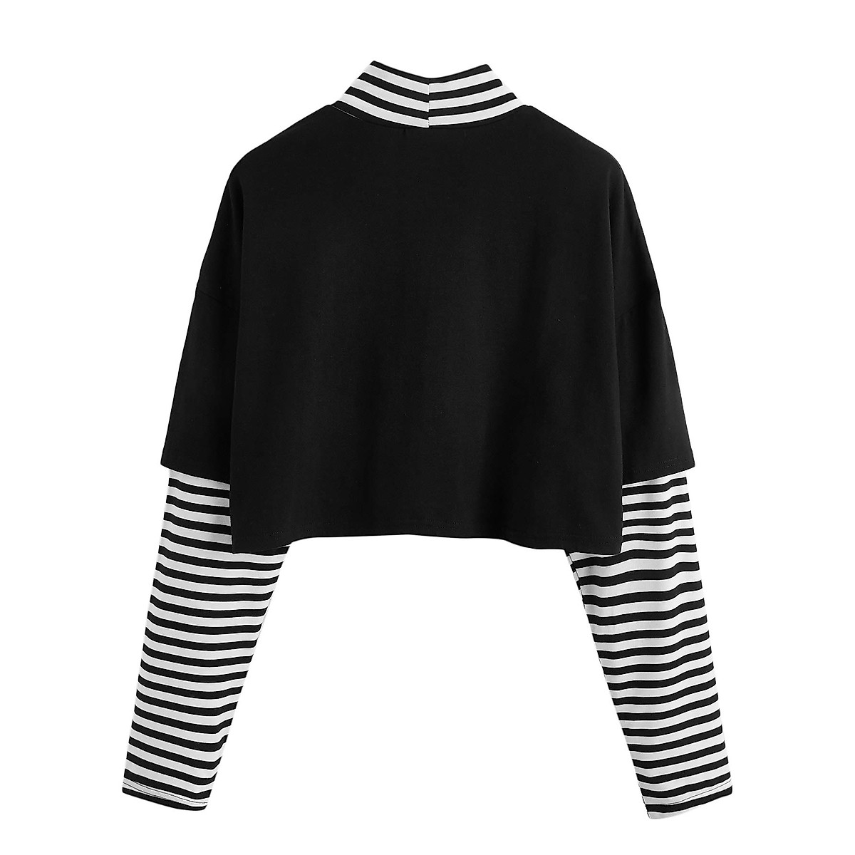 SweatyRocks Women's Color Block Butterfly Print Striped Long Sleeve Crop Top T Shirt Graphic Black White M