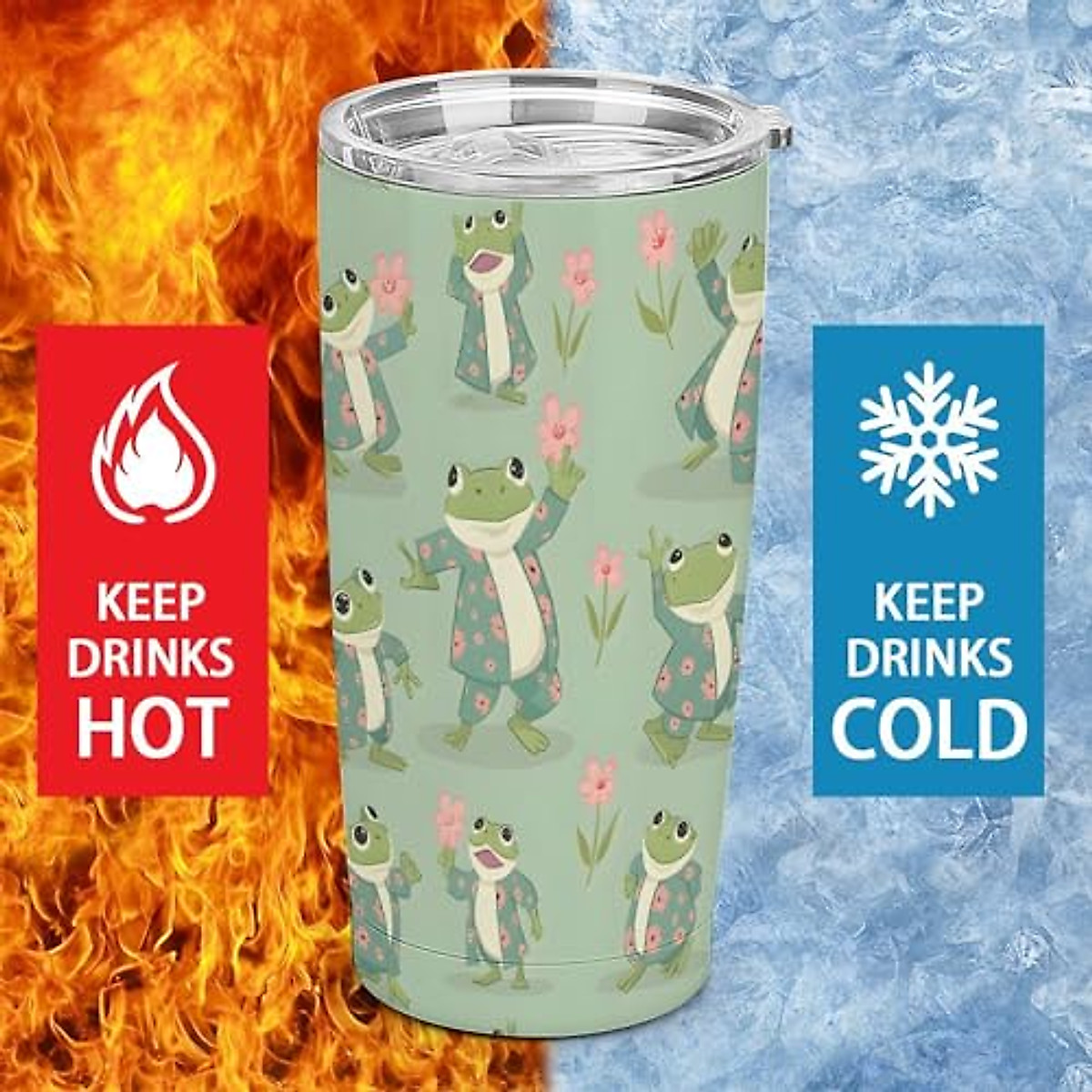 KIOWEIR Cute Frog And Flower Stainless Steel Tumbler 20oz With Lid And Straw, Insulated Tumblers Coffee Cup, Travel Mug for Ice Drink & Hot Beverage for Women Men Boys Girls
