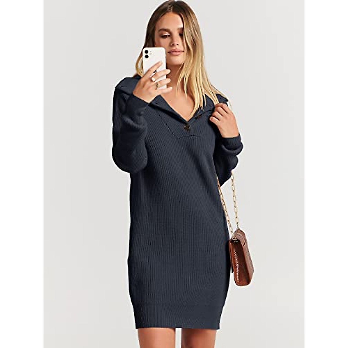 ANRABESS 2023 Fall Long Sleeve Womens Sweater Dress Oversized Lapel Collar Button V Neck Ribbed Loose Fit Casual Trendy Pullover Short Mini Fashion Dresses B782zanglan-L Navy Blue