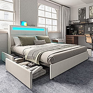 AMERLIFE Queen Bed Frame with RGBW LED Lights Headboard & 4 Storage Drawers, Upholstered Smart Platform Bed with USB & USB-C Ports, Box Spring Optional, Cream