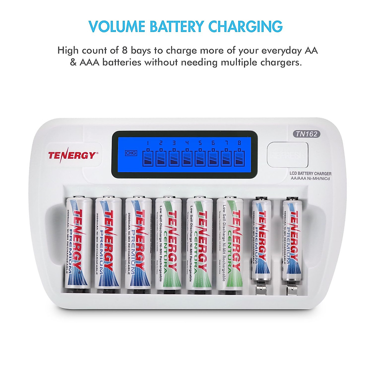 Tenergy TN162 8-Bay Smart LCD Battery Charger for Rechargeable AA/AAA NiMH/NiCd Batteries
