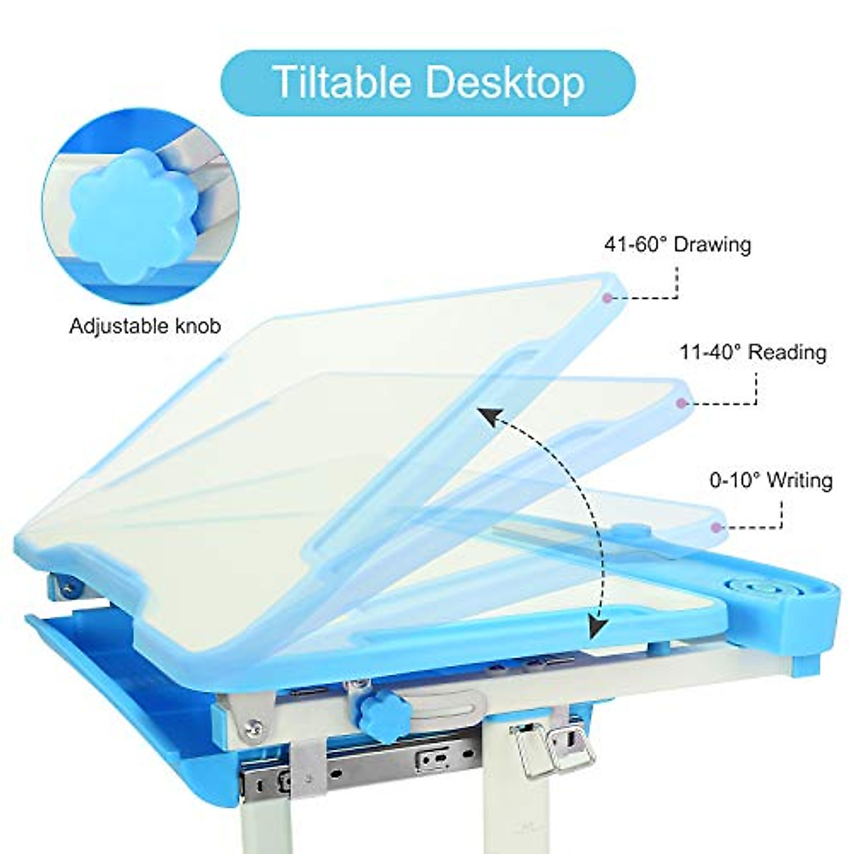 Kids Desk and Chair Set Height Adjustable Children Study Table, Anti-Reflective Ergonomic Design Home School Multi-Usage Student Writing Desk, Tilt Desktop with Reading Board and Pull Out Drawer, Blue