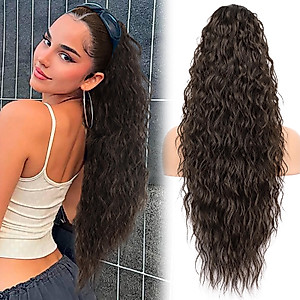 KooKaStyle Ponytail Extension 30 Inch Drawstring Pony Tails Hair Extensions for Women Long Curly Dark Brown Ponytail Synthetic Hairpieces for Daily Use