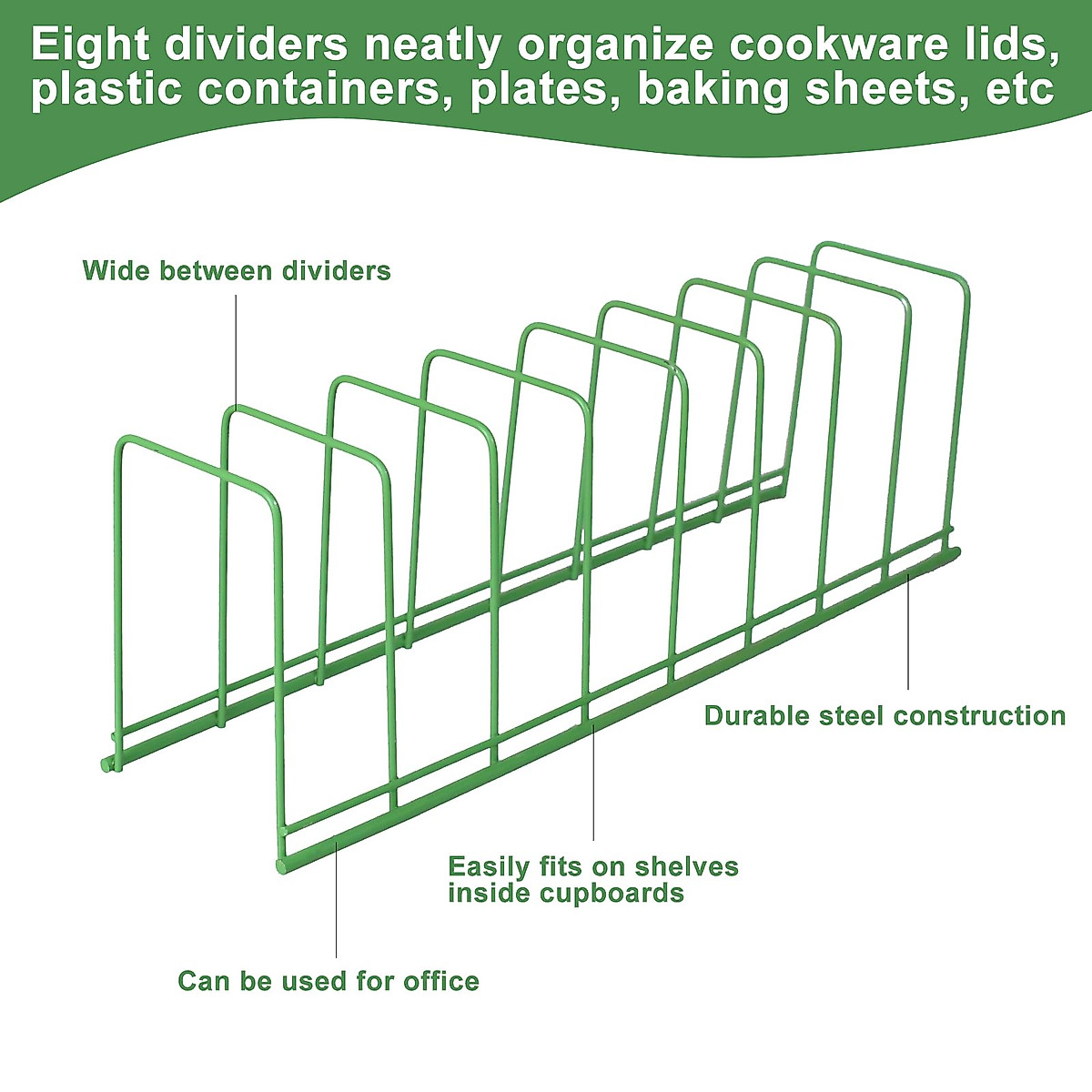 Antuoo Pot Lid Organizer Rack for Cabinet, 2 PCS Stainless Steel Metal Wire Kitchen Cabinet Holder with 8 Slots for Frying Pan, Baking Sheets, Skillets, Cutting Boards, and Appliances (Green)