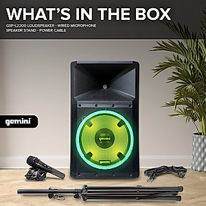 Gemini Sound GSP-L2200PK Indoor 2200 Watt Peak Bi-Amped Wired AC Powered Bluetooth DJ Speaker with 15" Inch Woofer, LED Party Lights, Built in Media Player, and Included Microphone and Speaker Stand