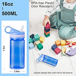 6 Pack Kids Water Bottle with Straw & Hanging Clip, 16 oz Square Personalized Plastic Water Bottle Bulk, Dishwasher Safe & Lightweight for Boys Girls to School Sports Travel Camping, DIY Gift, Blue