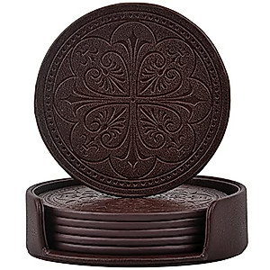 Drink Coasters,PU Leather Bar Beer Beverage Coasters for Drinks Set of 6 with Holder Coasters for Wooden Table Coffee Table Absorbent Drink Coasters,Easy Clean Cup Coasters Easter Housewarming Gifts