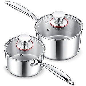 1Qt & 2 Qt Saucepan with Lid Set, E-far Triply 18/10 Stainless Steel Sauce Pan Pot for Cooking Pasta Warming Milk Boiling Water, Small Metal Cookware for Kitchen, Induction Ready & Heavy Duty
