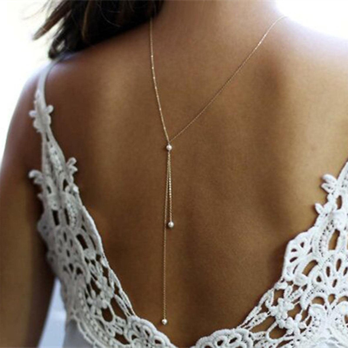 Yheakne Boho Pearl Back Chain Necklace Gold Layered Backdrop Necklace Body Chain Pearl Bridal Back Drop Chain Summer Beach Body Jewelry for Women Gifts (Gold)