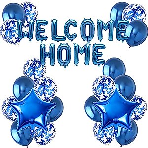 Welcome Home Letter Balloon Banner with Star Confetti Balloons for Army Theme Deployment Return Home Family Party Decorations(Blue)