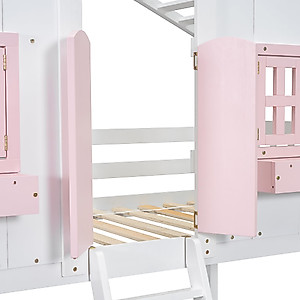 VilroCaz Twin Over Twin House Bunk Bed with Windows, Doors and Boxs, Wood House Roof Floor Bunk Bed Frame with Safety Guardrails and Ladder for Teens Kids Boys Girls (Pink/White 22)
