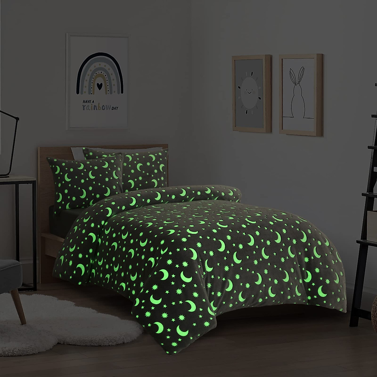 HOMBYS Glow in The Dark Duvet Cover Set for Kids Full/Queen Size, 3 Pieces Grey Soft Velvet Bedding Comforter Cover with Glowing Stars for Boys Girls Bedroom (1 Duvet Cover, 2 Matching Pillow Cases)