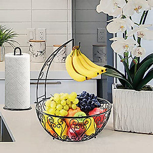 ODRAGO Fruit Basket for Kitchen with Complementry Towel Holder, Fruit Holder for Kitchen Countertop, Decorative Vegetable Baskets for Kitchen, Bronze Fruit Basket with Banana Hanger