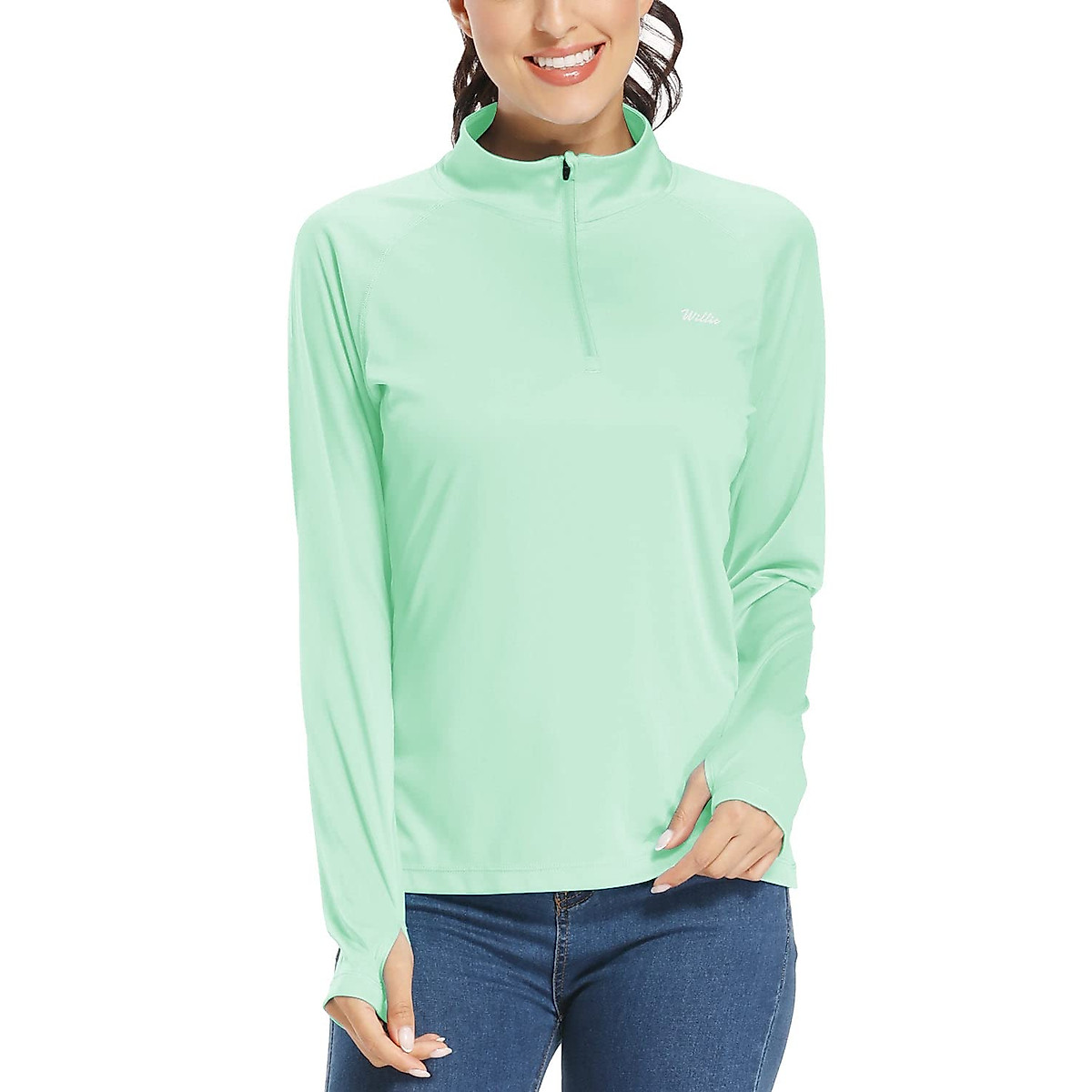 Willit Women's UPF 50+ Sun Protection Shirt SPF Long Sleeve Lightweight Half-Zip Golf Outdoor Shirt Quick Dry Rash Guard Light Green L