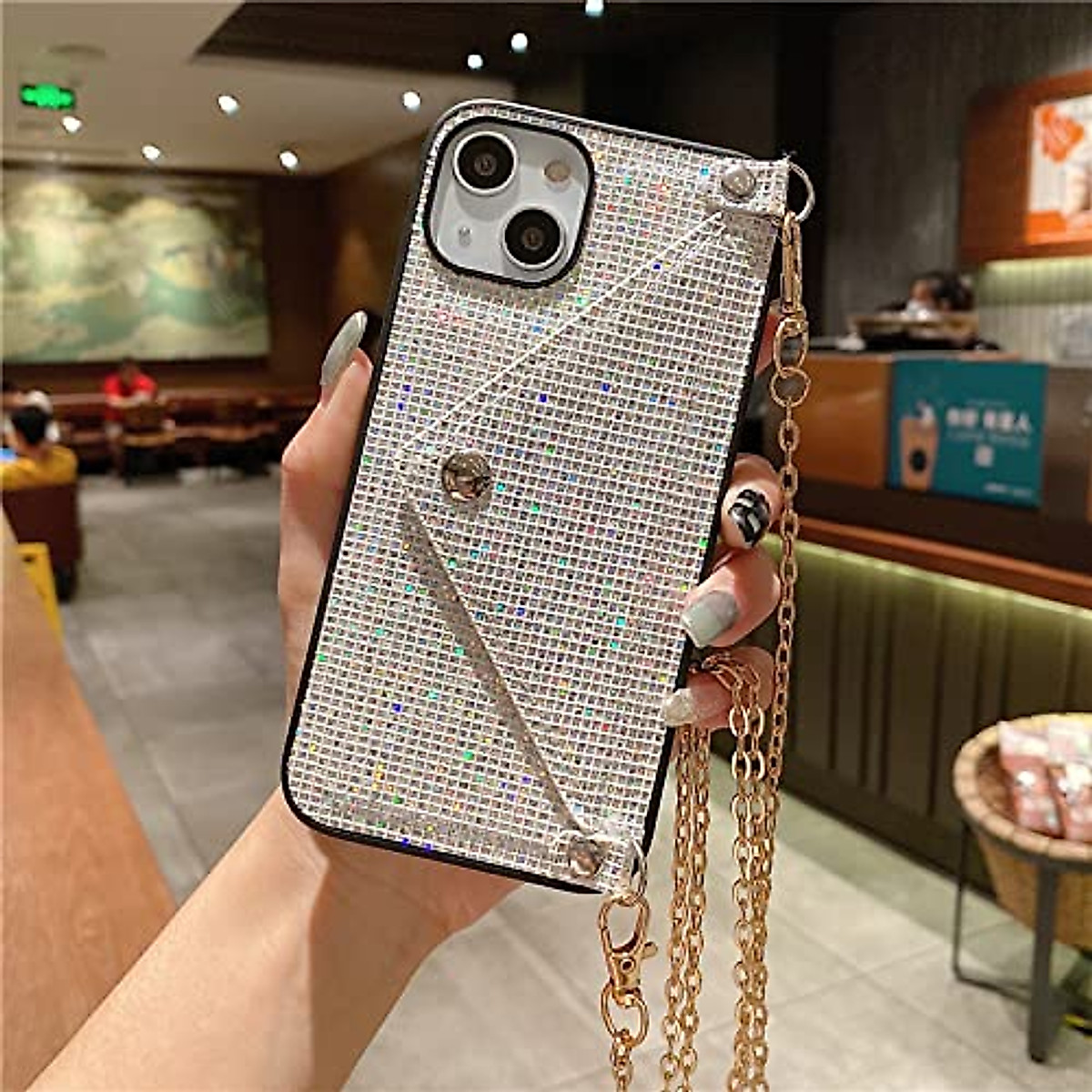Wow Case Series Compatible with iPhone 13 Pro Max Case 6.7 Inch Released 2021, with Card Holder, Crossbody Chain, Shockproof Protective Bumpers Phone Cover Defender (Glitter Shining White Silver)