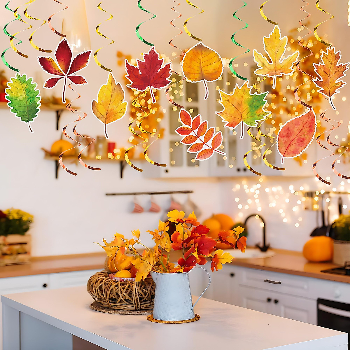 30 Pcs Fall Leaves Hanging Swirls Thanksgiving Maple Leaf Swirls Streamers Thanksgiving Ceiling Hanging Decorations for Fall Themed Harvest Home Classroom Office Party Supplies