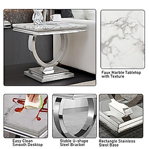 Mid-Century Modern White Marble End Table w/Silver U-Shaped Stainless Steel Base Night Stand Square End Table for Living Room Luxury Sofa Side Table witn High Glossy Finish