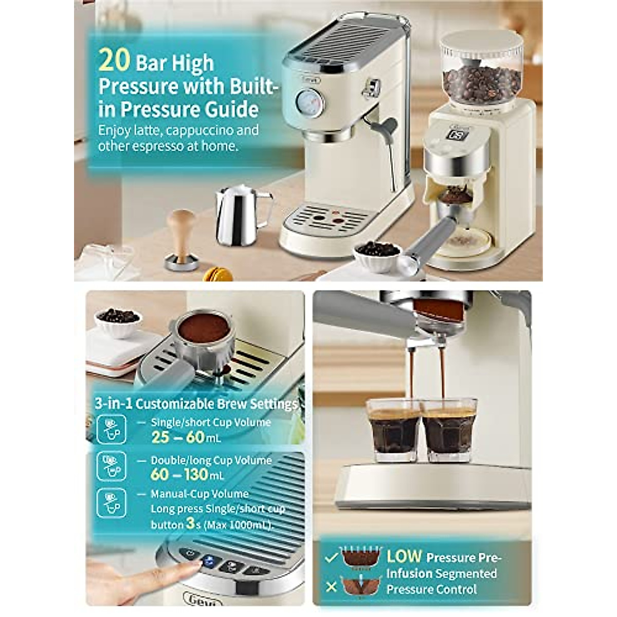 Gevi 20 Bar Compact Professional Espresso Coffee Machine with Milk Frother for Espresso, Latte and Cappuccino Burr Coffee Grinder with 35 Precise Grind Settings, Beige