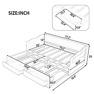 Flieks Wooden Daybed with Trundle Bed and Two Storage Drawers Twin Bed to King Design Sofa Bed, 77.2" L x76.4 W Extendable Bed Daybed for Bedroom Living Room