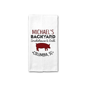 Personalized Backyard Smokehouse & Grill Towel | Custom Waffle Weave Dish Towel | Personalized Kitchen Towel | Men Grilling Gift | Personalized Dish Towel | Barbecue Gift | Mens Kitchen Gift