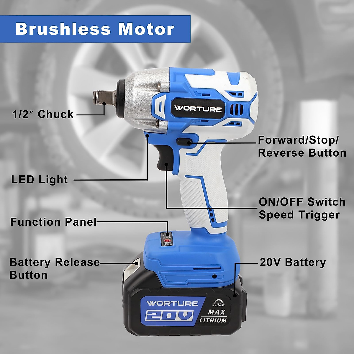 Worture Cordless Impact Wrench Kit - 1/2" Brushless Impact Gun w/Max Torque (320N.m) Power Impact Wrench w/ 4.0Ah Li-ion Battery 7 Sockets&Extension Bar for Home Improvement RV Car Repair