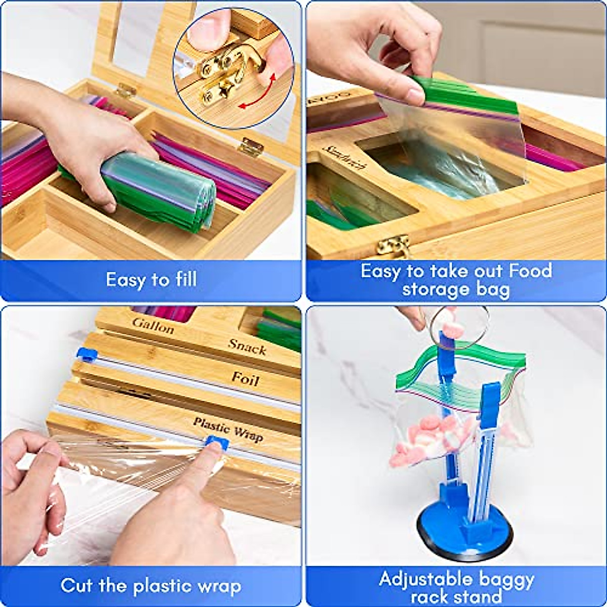 VOLAYOO Drawer organizer for Ziplock Bags and Foil, Organize Your Kitchen Drawer with a Storage Bag Organizer for Ziplock Bags, Foil, Plastic Wrap, 7 in 1 Zip Lock Bamboo Bag organizer for Brawer & Bandwich Bag Holder