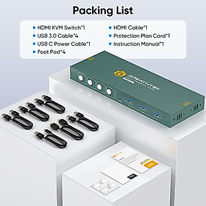 USB3.0 KVM Switch HDMI 4K@60Hz for 4 Computers Share 1 Monitor, KVM Switch 4 Port with 3 USB 3.0 Ports Share Keyboard Mouse, Support Button Switch, Plug and Play