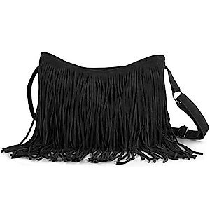 HOXIS Tassel Faux Suede Leather Hobo Cross Body Shoulder Bag Womens Sling Bag (Black1)
