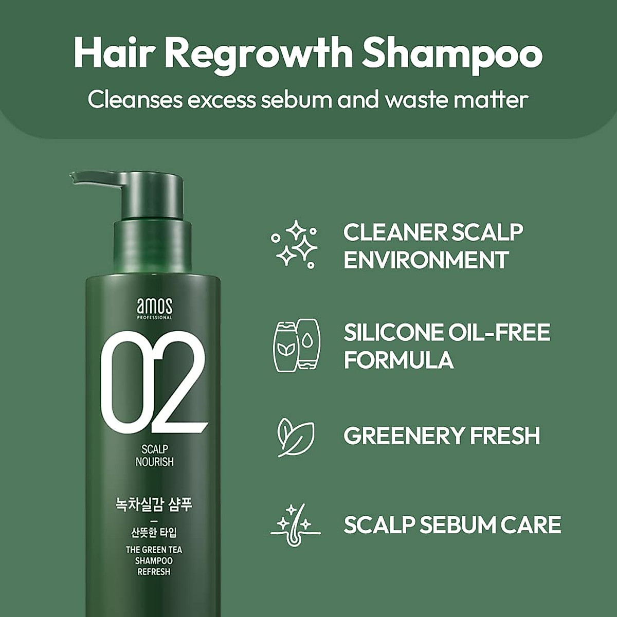 AMOS PROFESSIONAL The Green Tea Shampoo Refresh [For Oily Scalp] 17.6oz (500g) | Anti-Hair Loss Korean Hair Growth Shampoo for Cleanse Excess Sebum