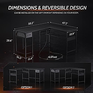 CubiCubi L Shaped Gaming Desk with Power Outlets and USB Charging Ports, 58" Reversible Corner Computer Desk with Storage Shelves and Drawer, Home Office Desk with Bookshlf, Black