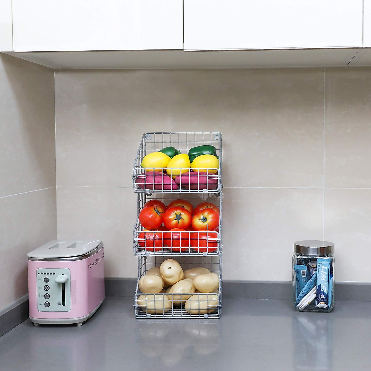 3 Tier Stackable Tea Bag Organizer with 5 Hooks Metal Wire Basket Coffee Condiment Snack Rack Holder Countertop Caddy Bin Wall Mount Shelf for Office Kitchen Cabinet Pantry-Silver Patent Desgin