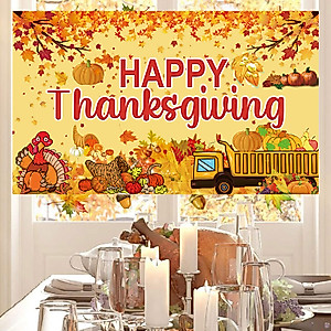 Famoby HAPPY Thanksgiving Fabric Sign Poster Banner Backdrop and Pumpkin Turkey maple leaf Pattern for Thanksgiving Day Photo Booth Background Party Decoration