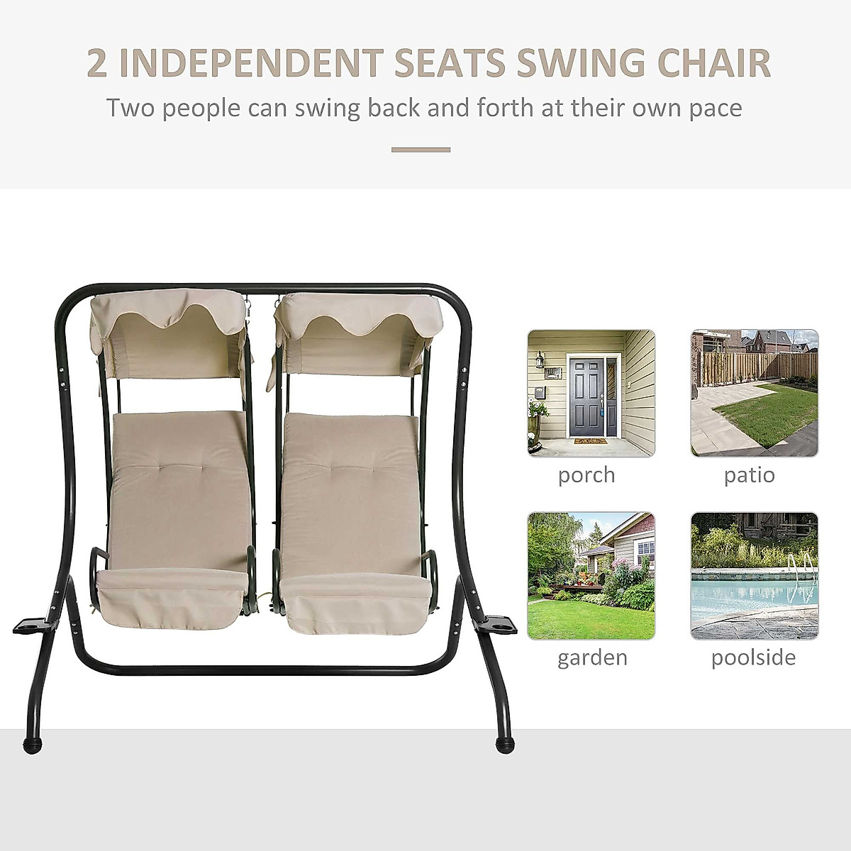 Outsunny Patio Swing Chair with 2 Separate Seats, Outdoor Swing Glider with Removable Canopy and Cup Holders, for Porch, Garden, Poolside, Backyard, Beige
