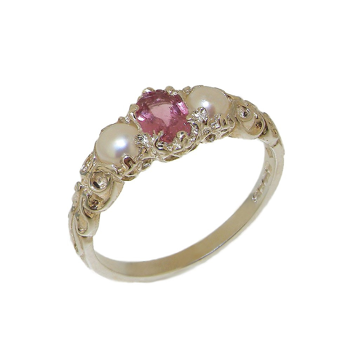 LetsBuyGold 925 Sterling Silver Real Genuine Pink Tourmaline & Cultured Pearl Womens Band Ring - Size 7