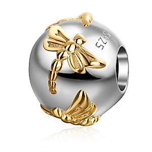 PAIYUAN Gold Plated Dragonfly Charms Authentic 925 Sterling Silver Insect Round Charm for European Bracelet