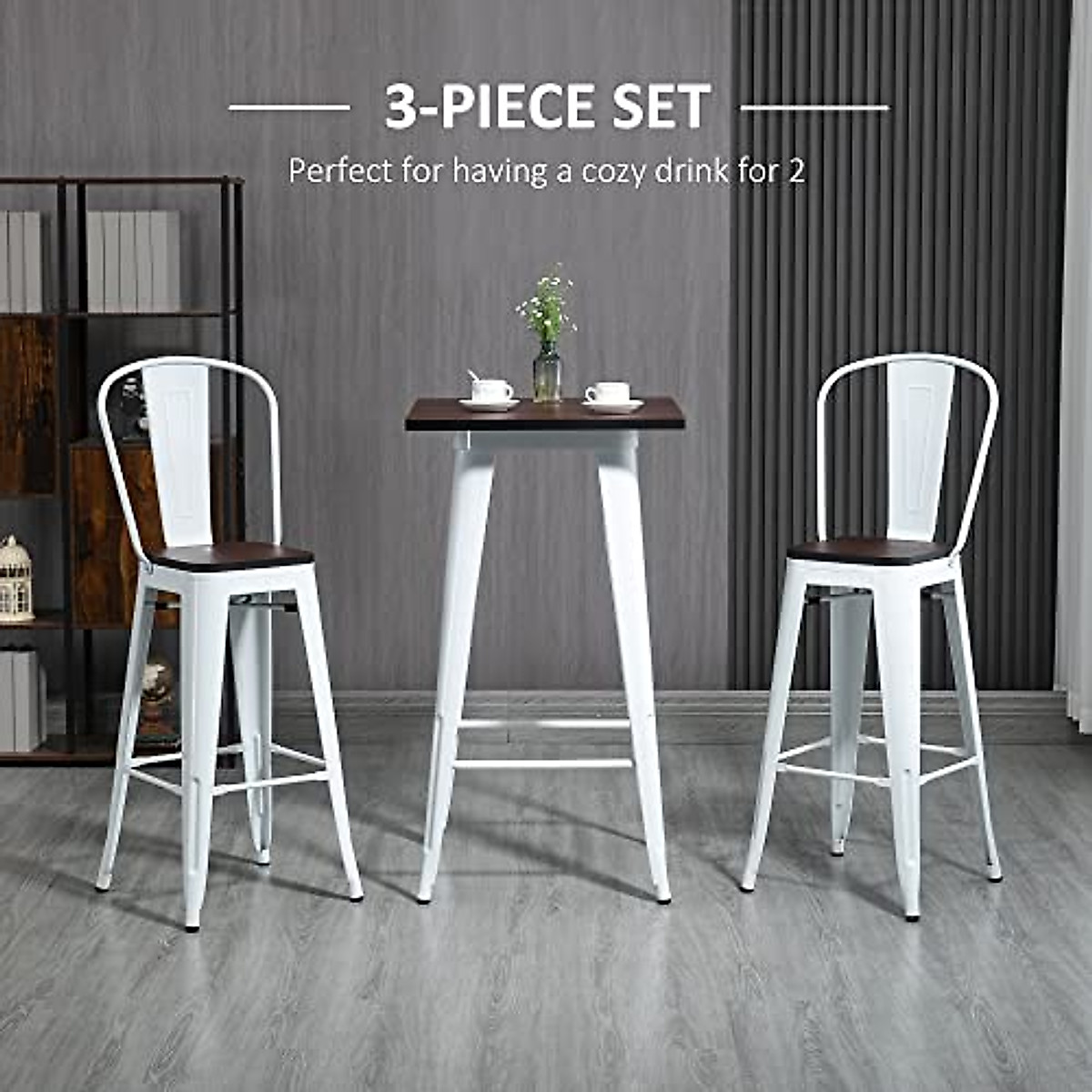 HOMCOM 3 Piece Industrial Dining Table Set, Counter Height Bar Table & Chairs Set with Footrests for Bistro, Pub, White and Brown