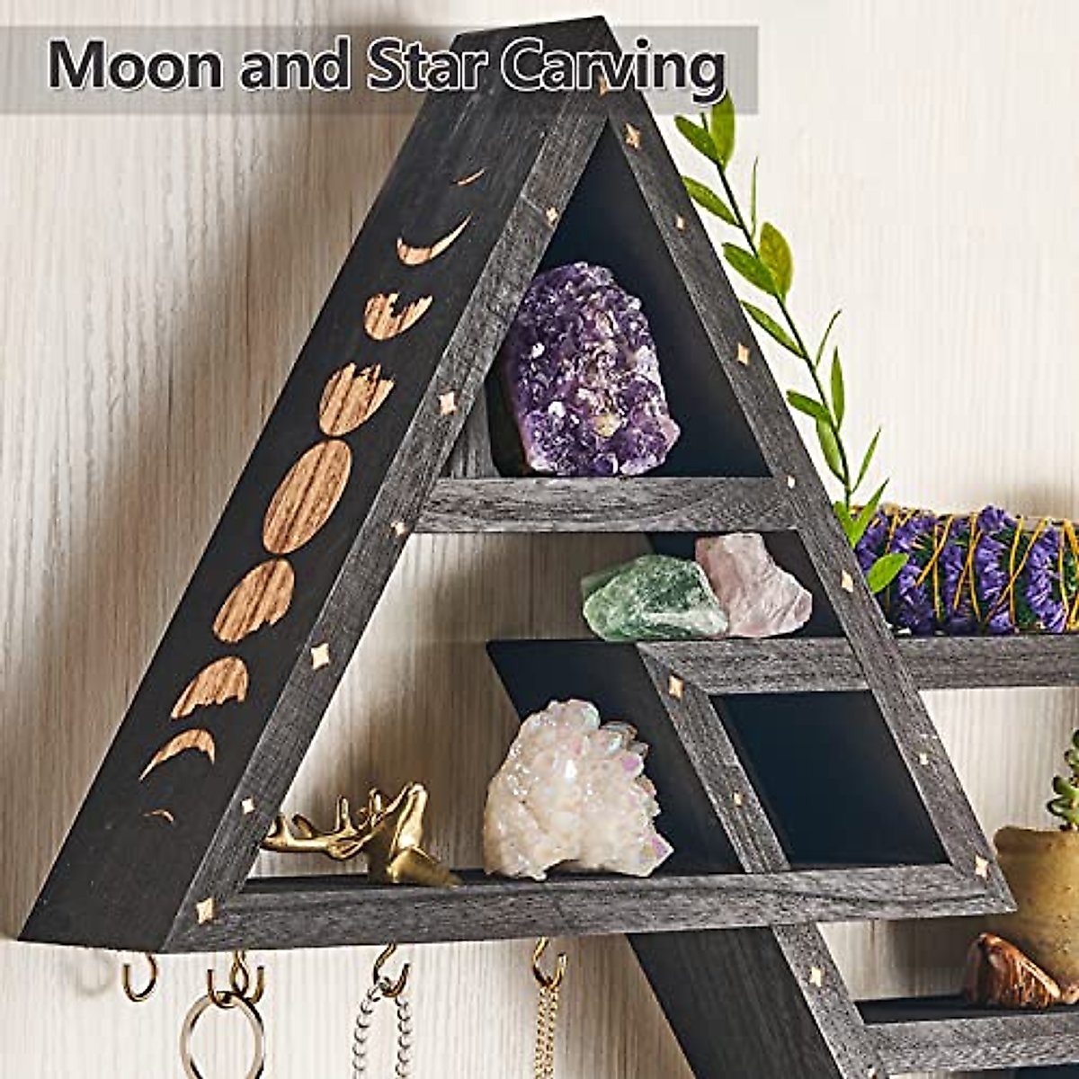 Sysnocon Triangle Crystal Shelf Display with Hooks, Moon Shelf for Witchy Room Decor Triangle Shelf for Crystal Stones Display, Crystal Holder Crystal Organizer Shelf for Living Room, Bed Room