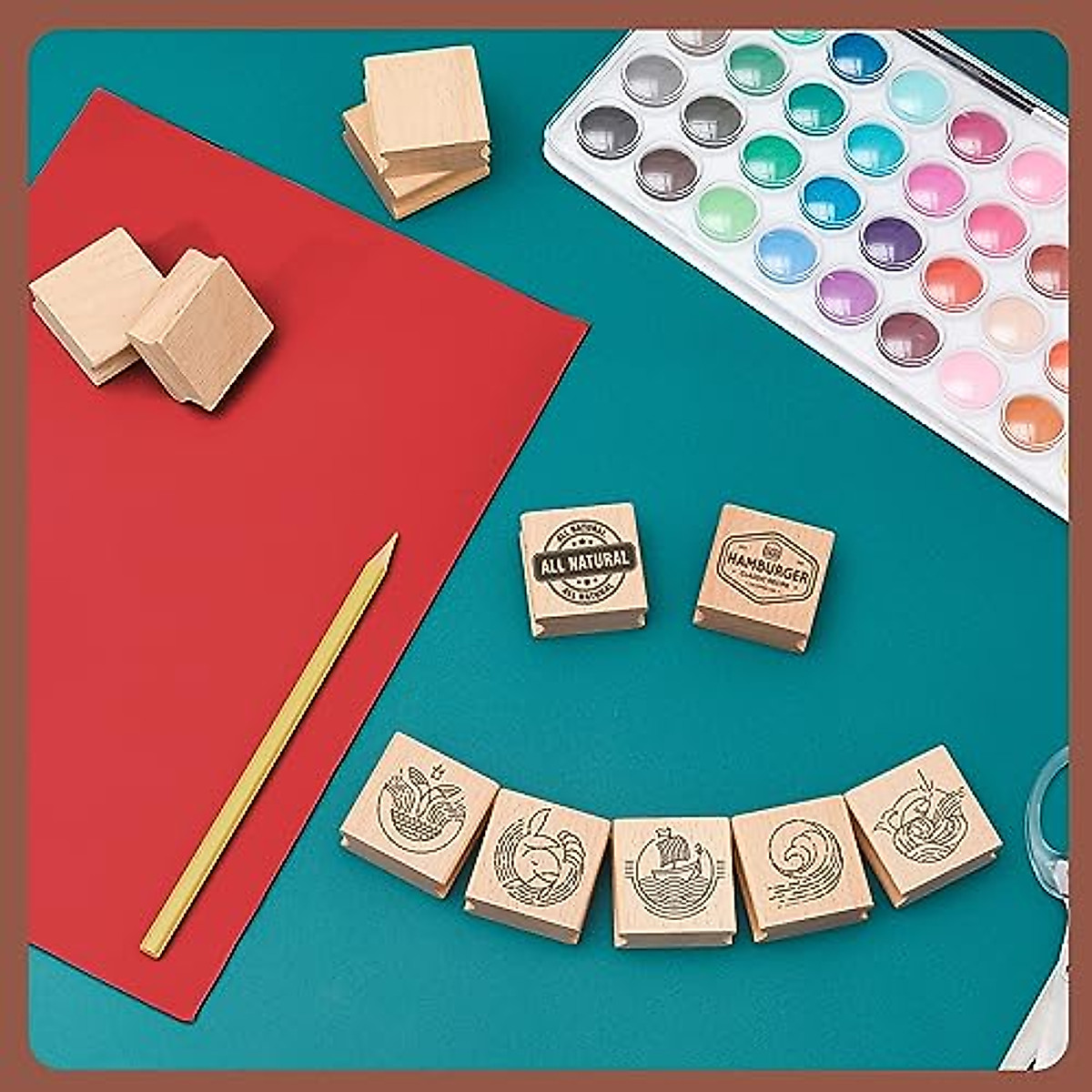 Sasylvia 10 Pcs Blank Hard Wood Rubber Stamp Mounts with A4 Size Grey Rubber Stamp Sheet Laser Engraver Accessories Rubber Stamp Carving Tools Soft Rubber Mat Carving Blocks (Red, 1.57 x 1.57 Inch)