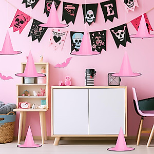 Whaline 14Pcs Halloween Pink Witch Hat with 109 Yards Hanging Rope 32Pcs 3D Bat Stickers Scary Witch Cap Halloween Hanging Decoration for Halloween Home Inside Outside Garden Yard Lawn Decoration