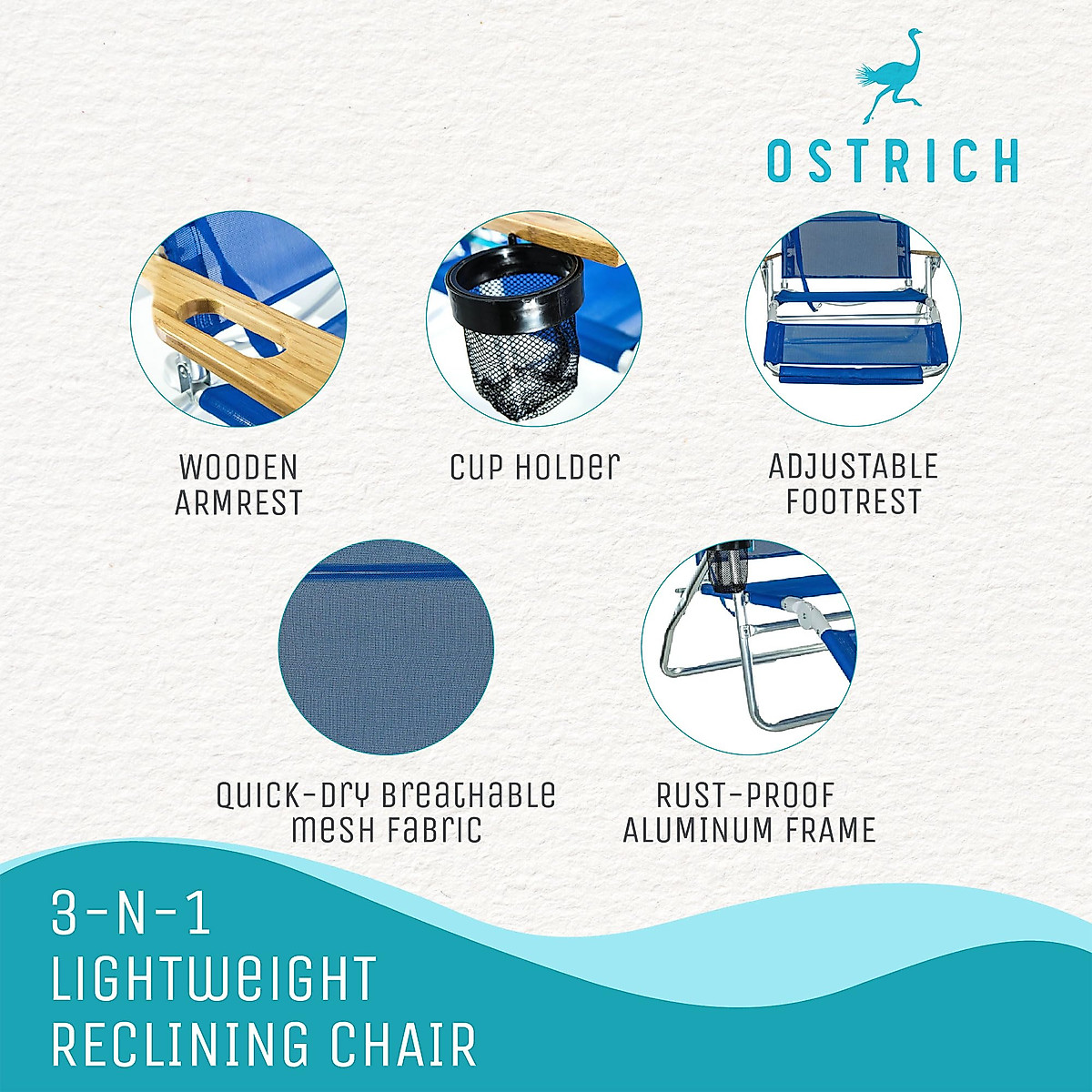 Ostrich 3N1 Lightweight Lawn Beach Reclining Lounge Chair with Footrest, Outdoor Furniture for Patio, Balcony, Backyard, or Porch, Blue