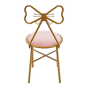 Modern Stylish Pink Bow Shaped Backrest Princess Chair Girls Ladies Creative Makeup Stool with Golden Frame for Indoor Decor Bedroom Coffee Shop
