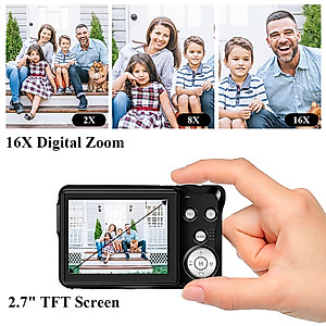 2.7K Digital Camera,HD Compact Camera 16X Digital Zoom with 32GB SD Card and 2 Batteries (Black)