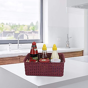 Sandmovie Plastic Weave Storage Baskets for Kitchen Bathroom, Wine Red, 6 Packs, F