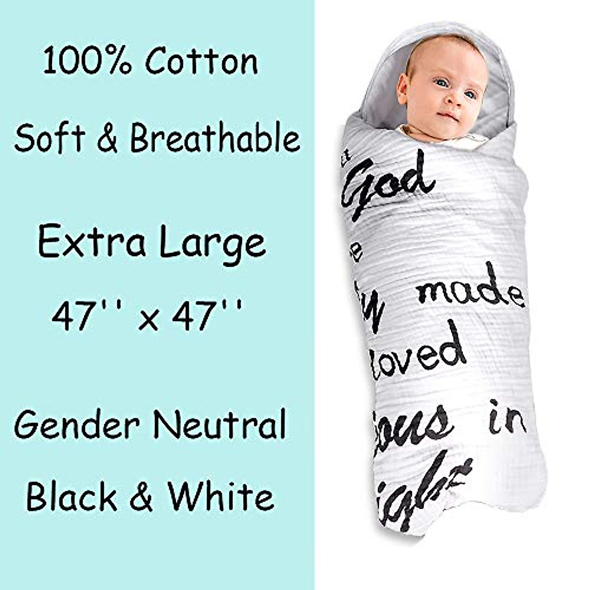 YLOVAN Baby Muslin Swaddle Blankets - ‘Child of God’ Quote - Christening, Baptism, Baby Shower, Godchild Gift for Newborn Boys and Girls (White, 47"x47")