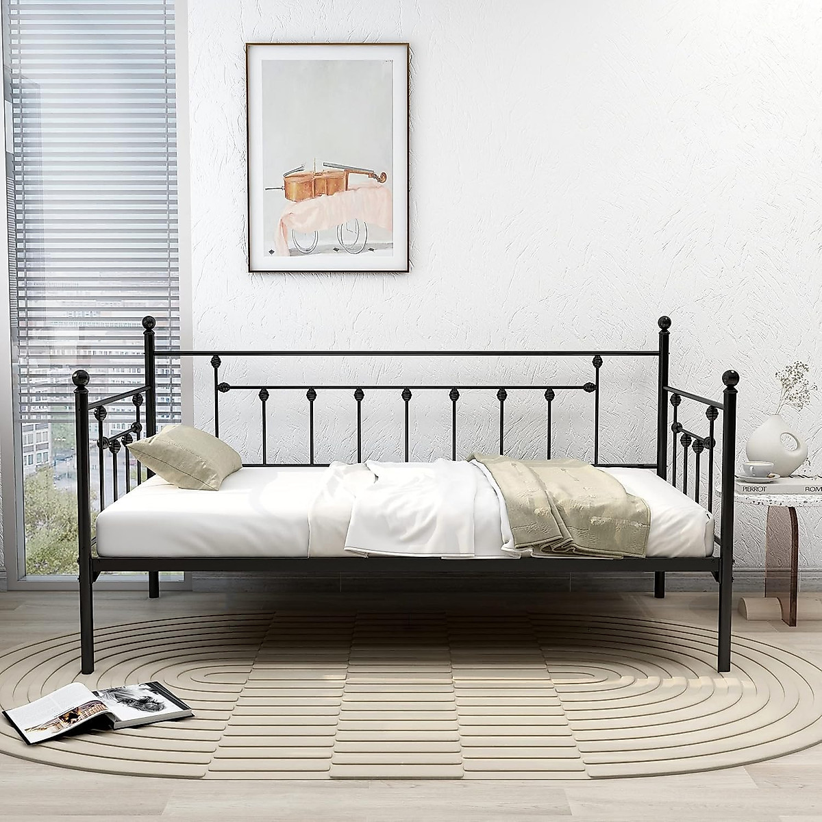 alazyhome Twin Size Metal Daybed Guest Bed Frame for Living Room Bedroom Steel Slat Support No Box Spring Needed Space Saving Black